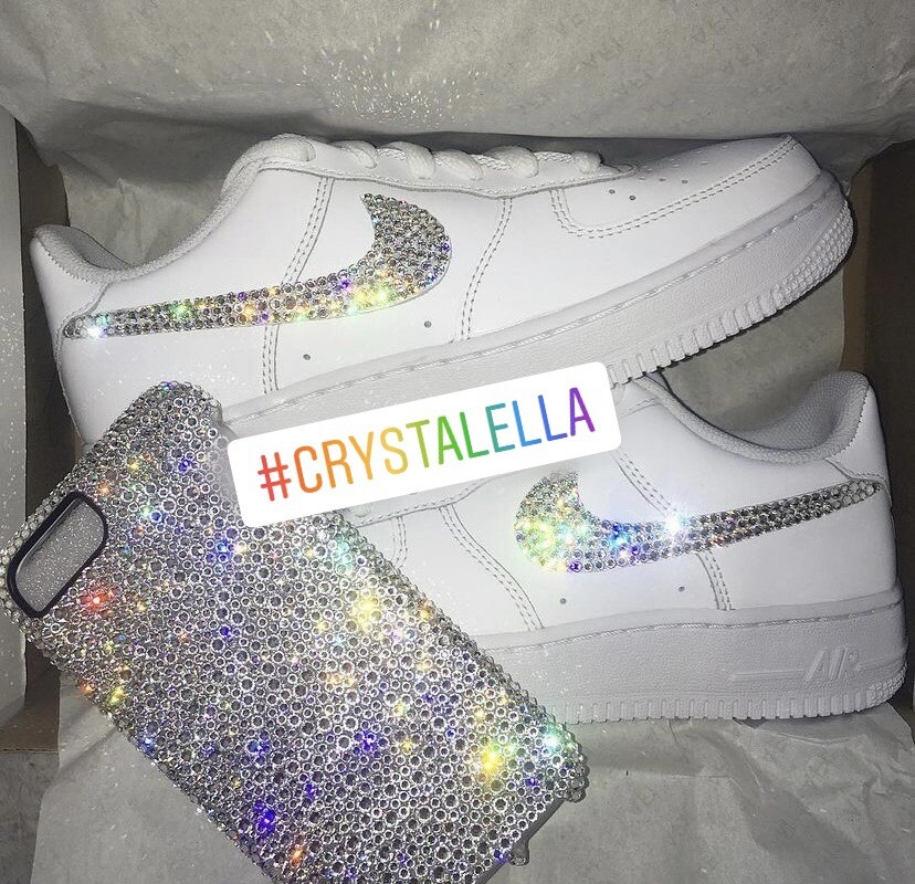 Nike Air Force 1 All White Low Sneakers Blinged Out Crystal Nike Ticks ...