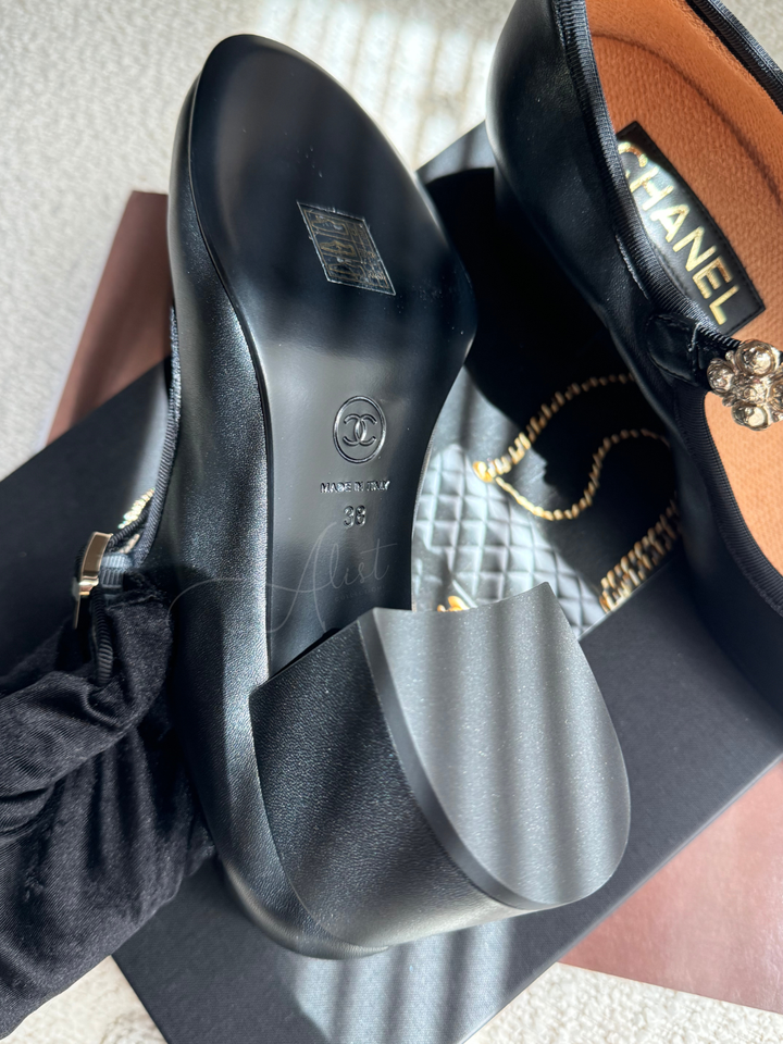 Chanel 24A Metiers D’art Black Leather Mary Jane Heels Gold Charms ...