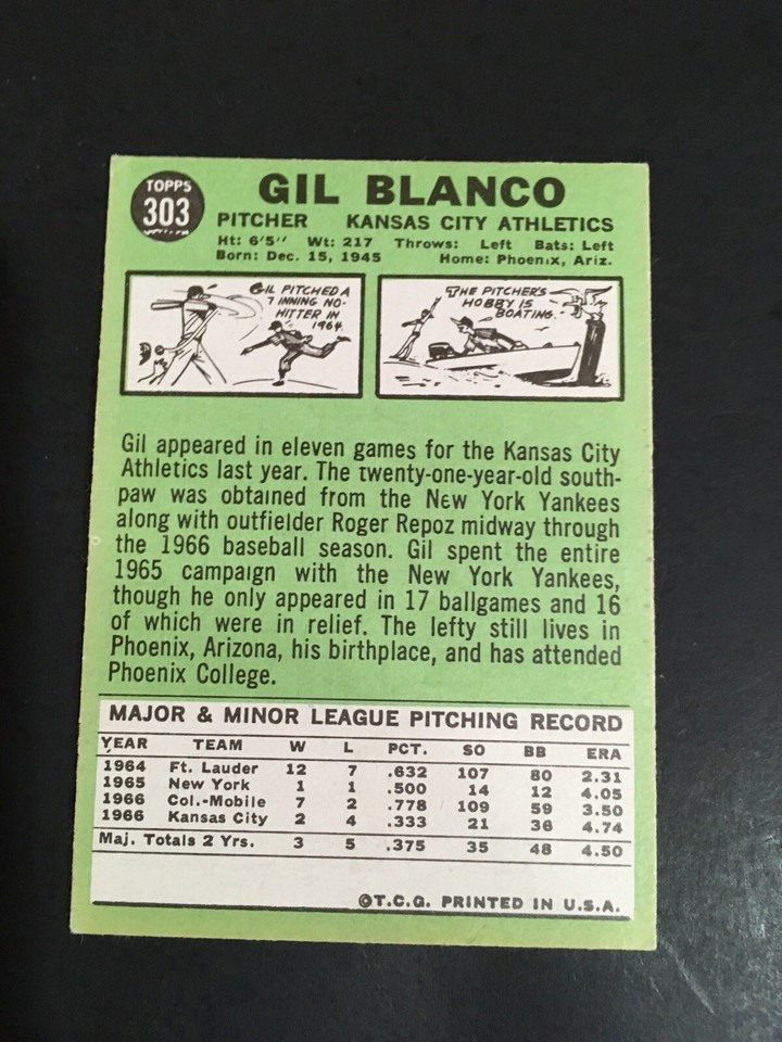 1967 TOPPS GIL BLANCO, #303, NM (Free Shipping On Any 3!) | eBay