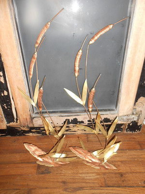 MCM Vintage 1960s 1970s Brass Copper Cattails Reeds Sculpture Wall Art ...