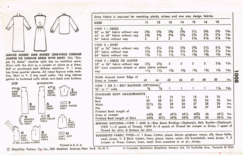 1950s Vintage Simplicity Sewing Pattern 1008 FF Easy Misses Chemise ...