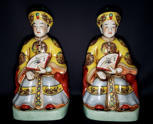 Pair of 16" Antique Chinese Emperor Porcelain Seated Statue Tall Asian ...