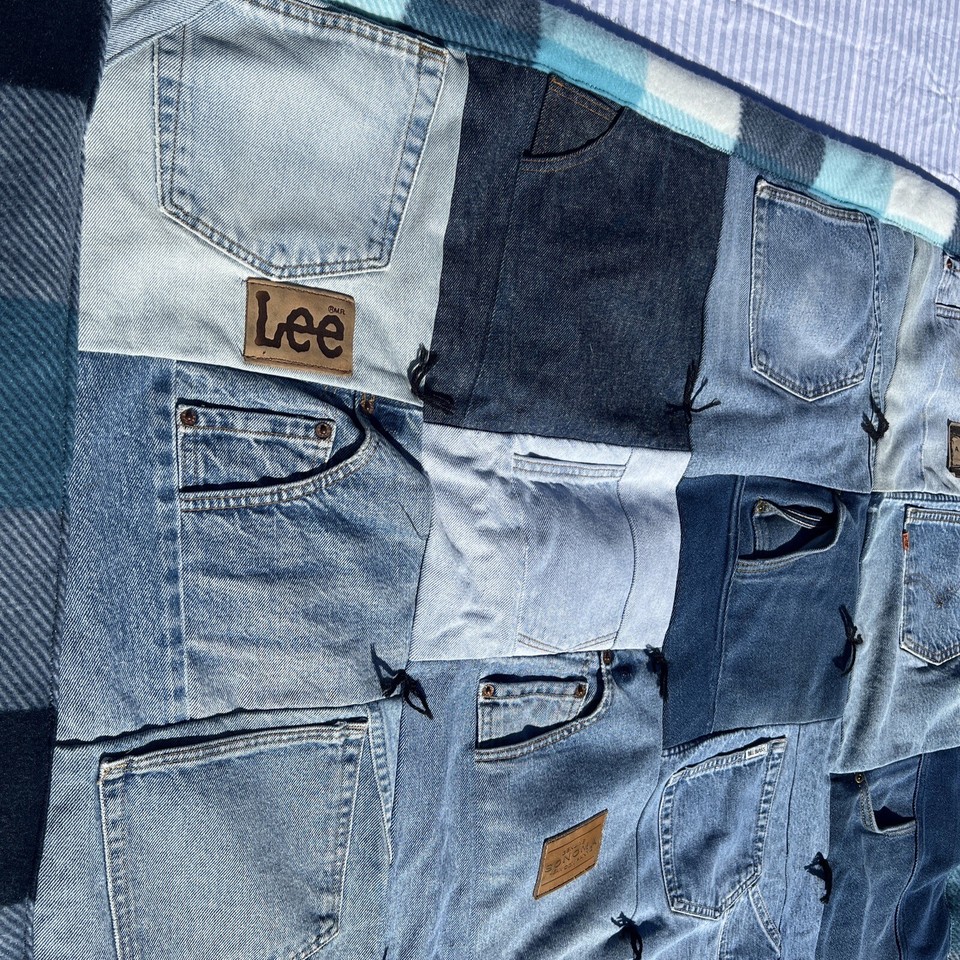 Vintage Denim Blue Jean Patchwork Handmade Quilt Fleece lined 54” X 40 ...