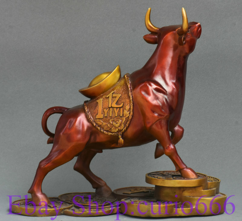 12"Old China Red Bronze Gilt Feng Shui Bull Oxen OX Strong Cattle Luck ...