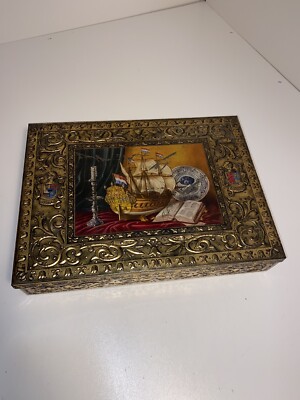 Vtg Tin Stash Box, Royal Verkade Sailing Ship Picture 12inx9in x 2 3 ...