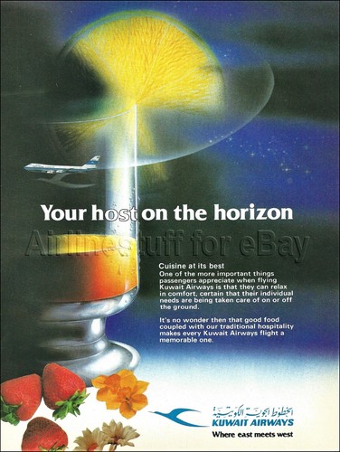 1985 KUWAIT AIRWAYS Boeing 747-200B ad airlines advert CUISINE AT ITS ...