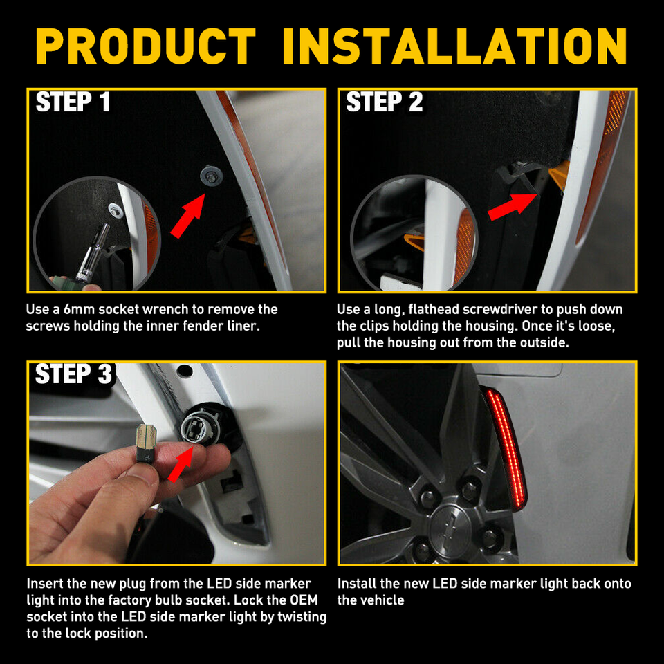 FOR 2015-22 DODGE REAR CHARGER 2PCS Red SMOKE LED LENS SIDE MARKER ...