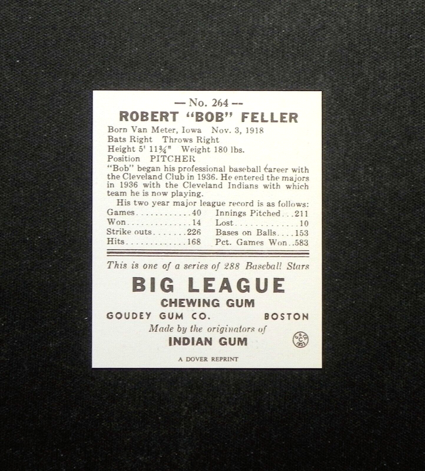 BOB FELLER 1938 GOUDEY GUM COMPANY Reprint Card #264 _ Exact Card (C ...