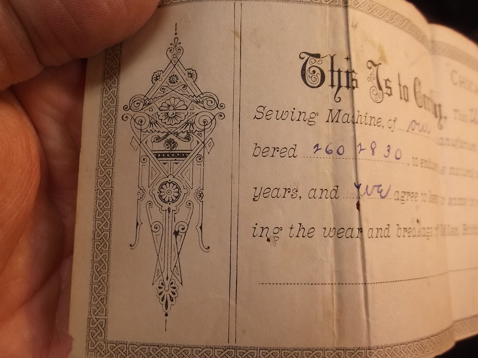 VERY OLD & RARE 1880's CHICAGO "SEWING MACHINE" WARRANTY "GEORGE PAYNE ...