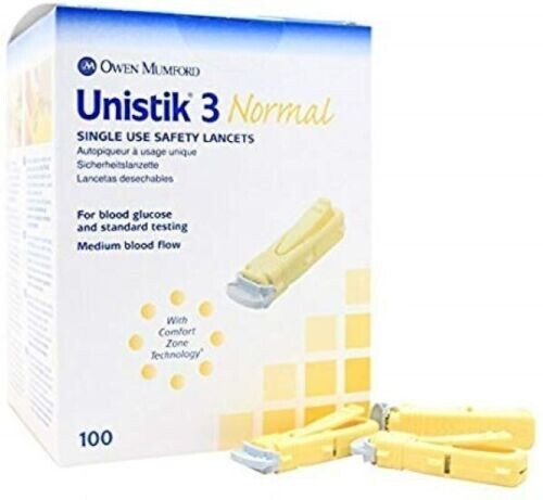 UNISTIK 3 NORMAL 23G SNGLE USE PK100 LANCET BLOOD Diabetic Glucose Self ...