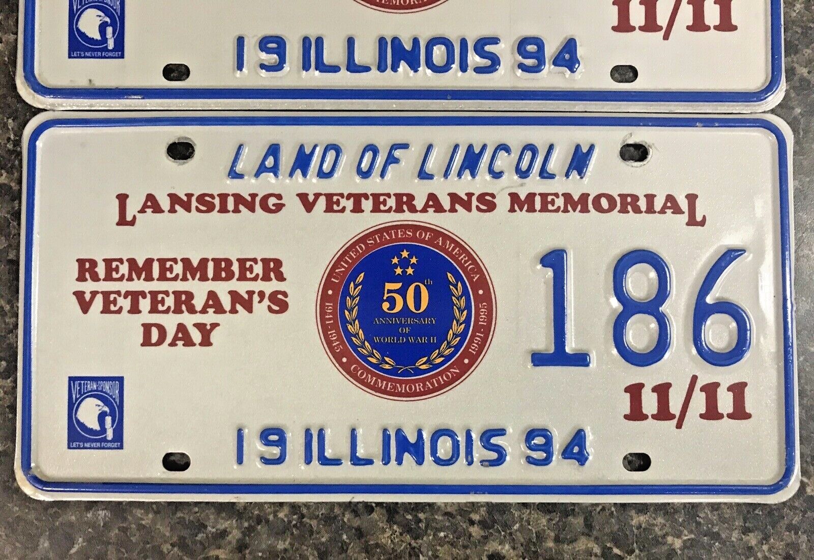 1994 Matched Set of Illinois License Plates 186 LANSING VETERANS ...