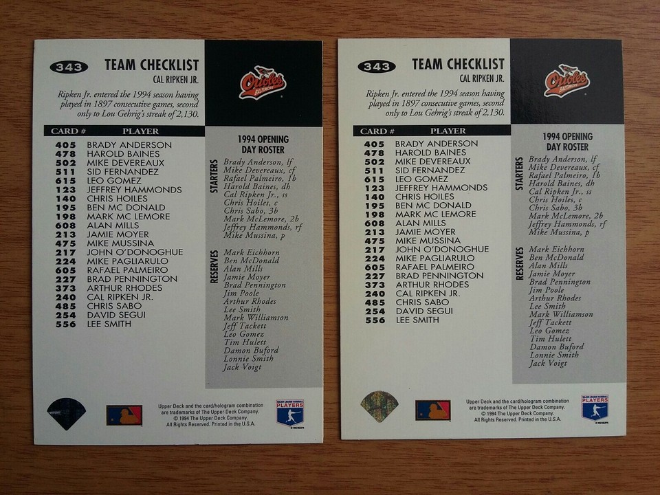 CAL RIPKEN JR. 1994 UD COLLECTORS CHOICE "CHECKLIST" BASEBALL CARDS LOT ...
