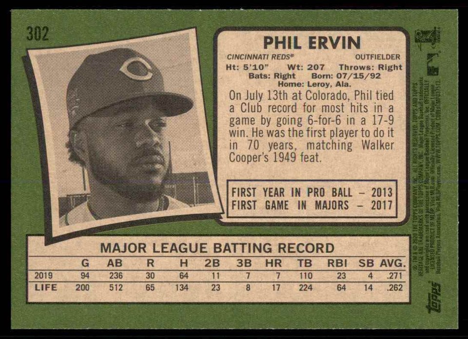 2020 Topps Heritage Baseball Phil Ervin Cincinnati Reds #302 | eBay