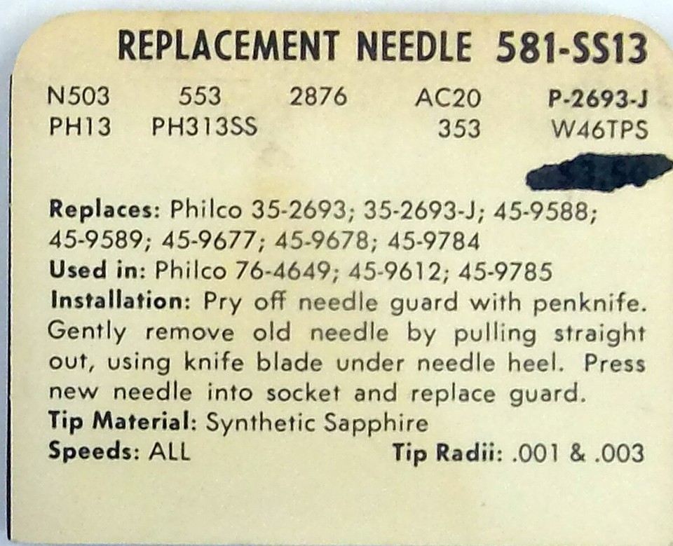 RECORD PLAYER NEEDLE PHILCO 35-2693 PHILCO TILT CARTRIDGE, 581-SS13 581 ...