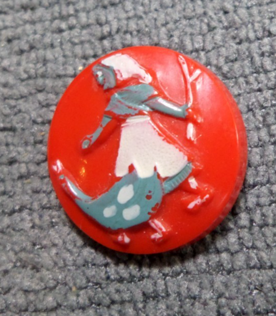 Vintage Antique Celluloid Painted Picture Button LADY w/STICK CHASING ...