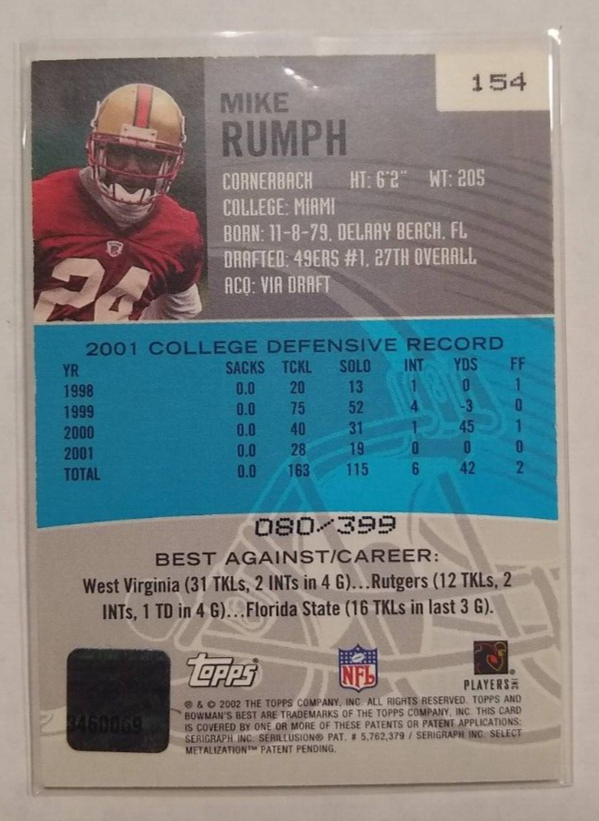 2002 Bowman's Best Mike Rumph RC Auto Blue #ed 080/399 49ers | eBay