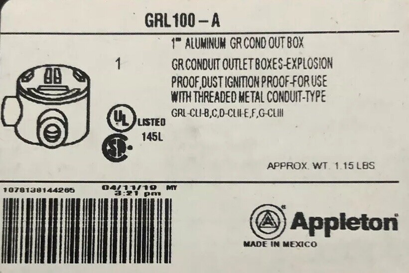 Appleton GRL100-A 1” Aluminum Body “L” Fitting | eBay