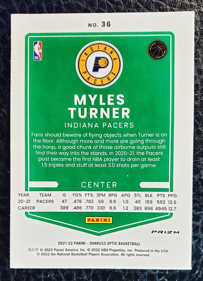 2021-22 DONRUSS OPTIC MYLES TURNER RED PULSAR PRUZM #36 PACERS MINT | eBay