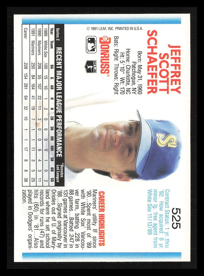 Jeff Schaefer 1992 Donruss #525 Seattle Mariners | eBay