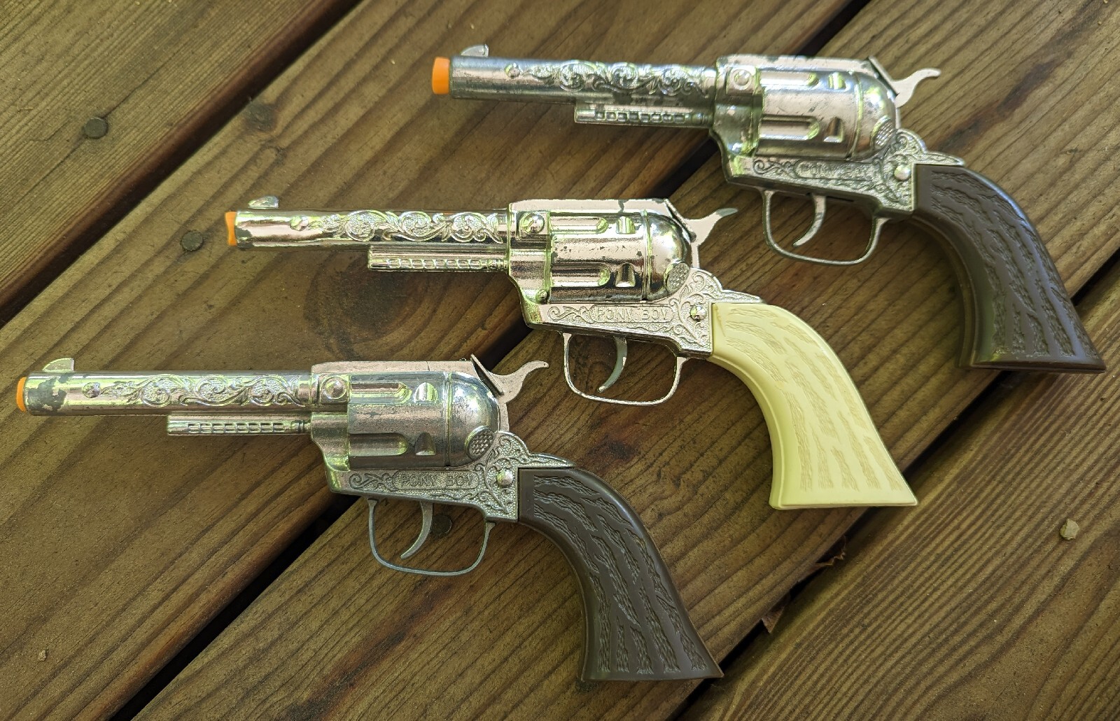Lot of 3 Vintage Die Cast Tootsie Toy "PONY BOY" Cap Guns, 9" versions ...
