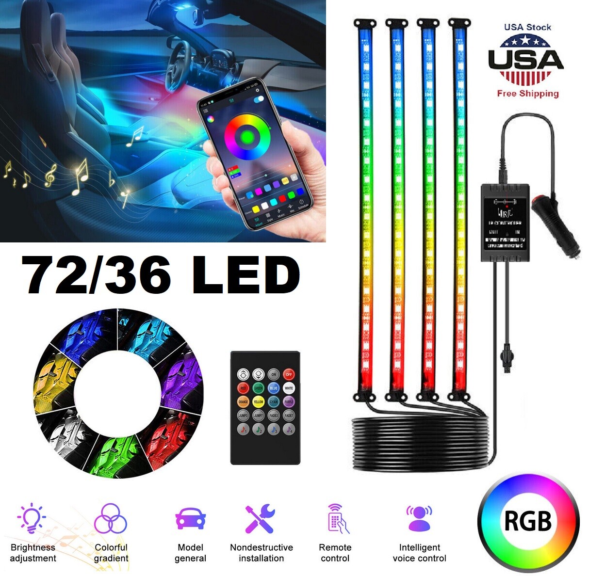 72 LED RGB Lights Car Interior Floor Decor Atmosphere Strip Lamp Car ...