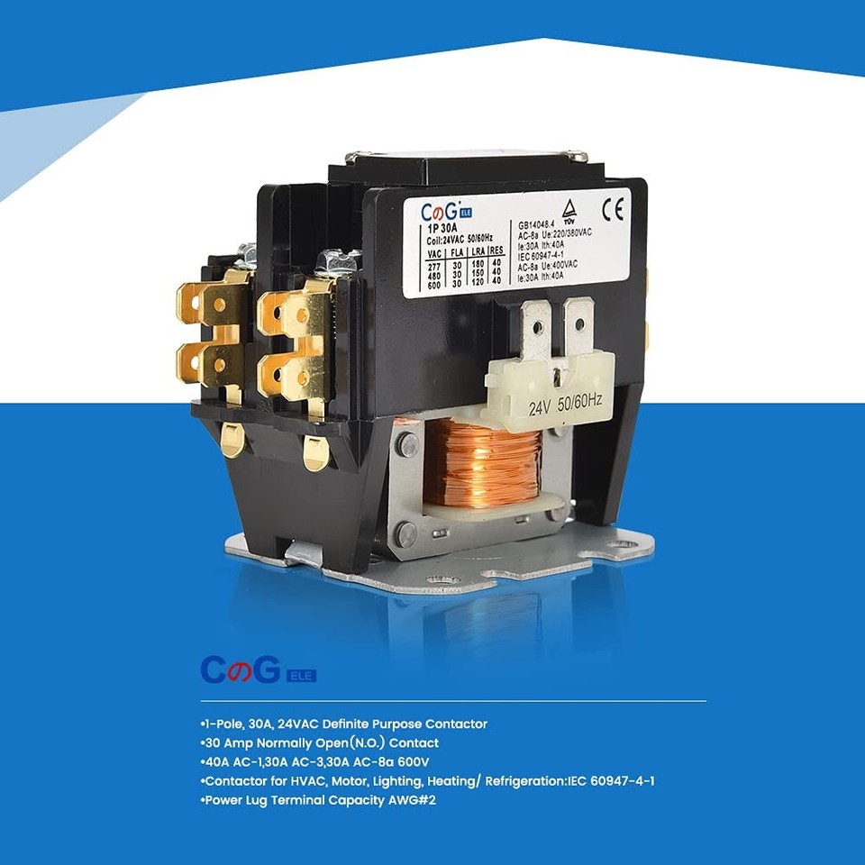 1 Pole Air Conditioner Contactor 30 Amp 24VAC CoilCondenser Contactor ...