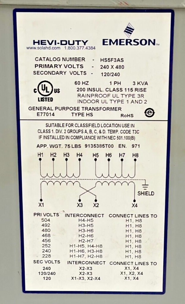 EMERSON HEVI-DUTY GENERAL PURPOSE WALL MOUNT TRANSFORMER HS5F3AS | eBay
