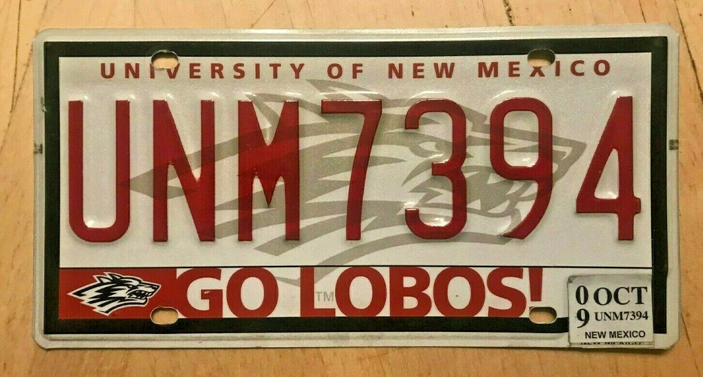 UNIVERSITY OF NEW MEXICO COLLEGIATE LICENSE PLATE " UNM 7394 " NM GO ...