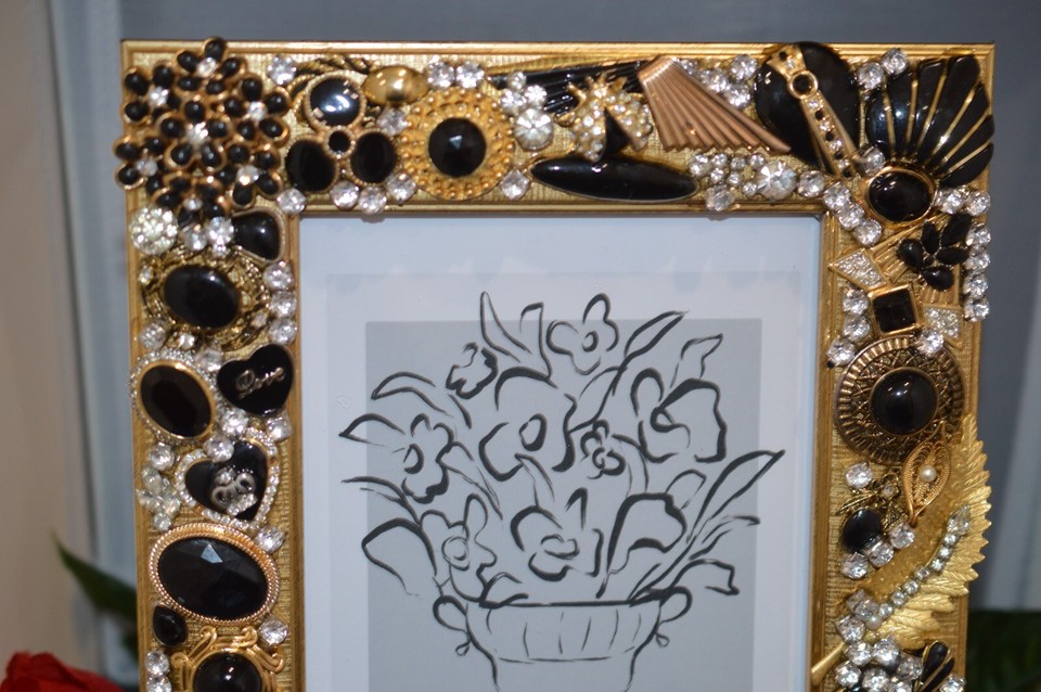 JEWELRY RHINESTONE DECORATED PICTURE FRAME ONE OF A KIND ART BY ALICE ...