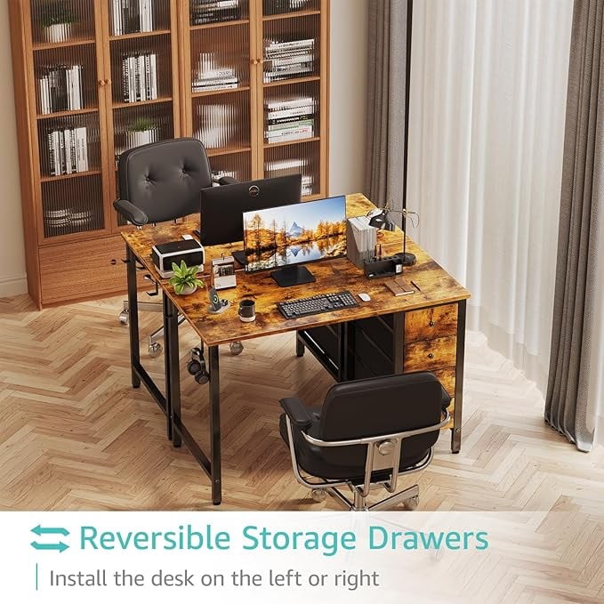 Lufeiya Rustic Brown 40" Computer Desk 4 Fabric Drawers Kids Student ...