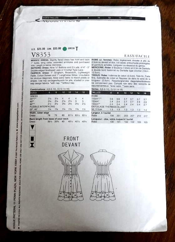 VOGUE #V8353 LADIES DIVINE DETAILS DRESS UCKED WAISTLINE PATTERN 12-16 ...