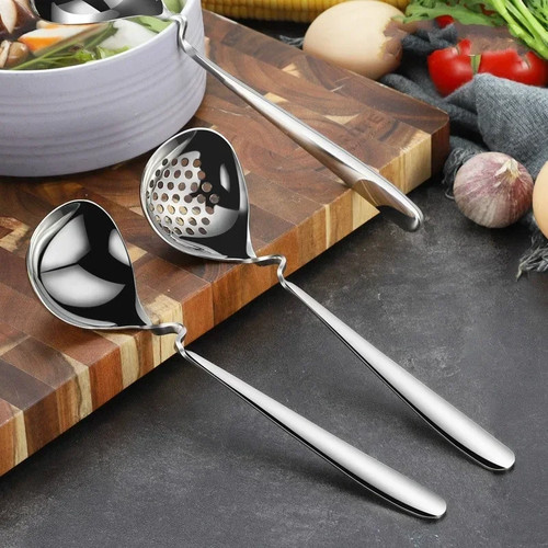 2Pcs Stainless Steel Ladle & Strainer Set - Soup Ladle+Slotted Spoon ...