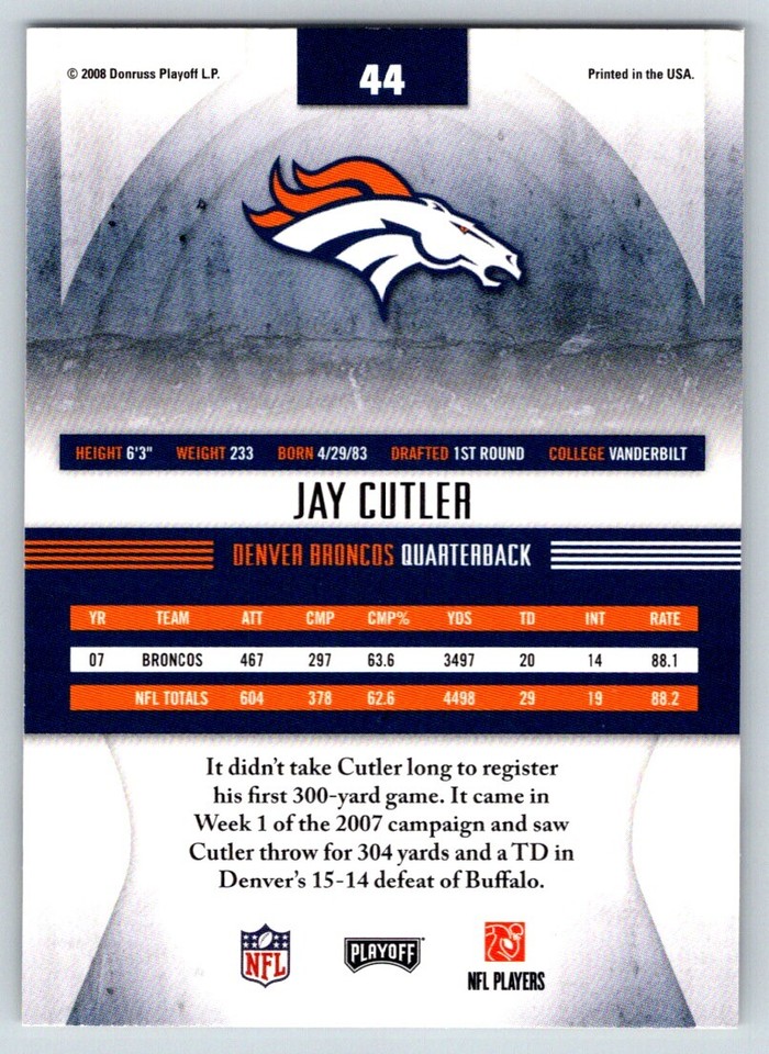 Jay Cutler 2008 Playoff Absolute Memorabilia #44 | eBay