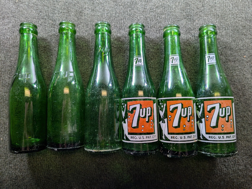 Lot of 6 7up Bottles Green Embossed ACL Soda Pop Vintage Glass 7-UP ...