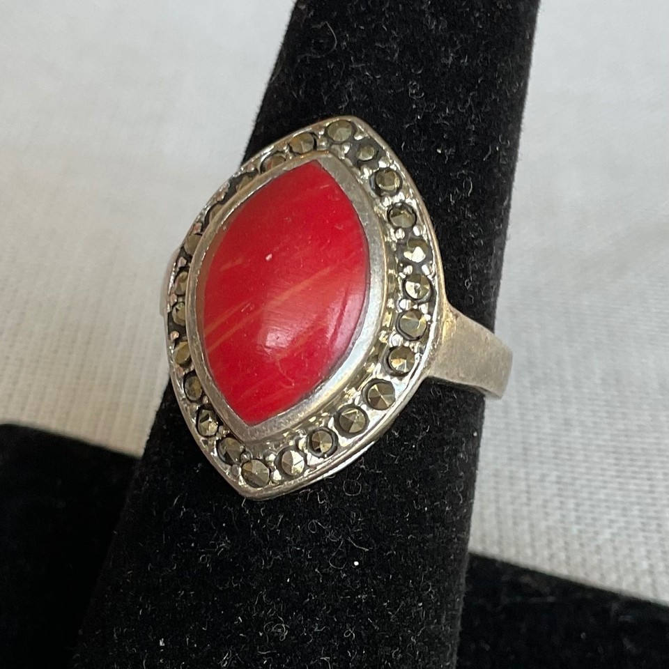 Vintage 925 Sterling Silver red coral & marcasite ring size 6.75 | eBay