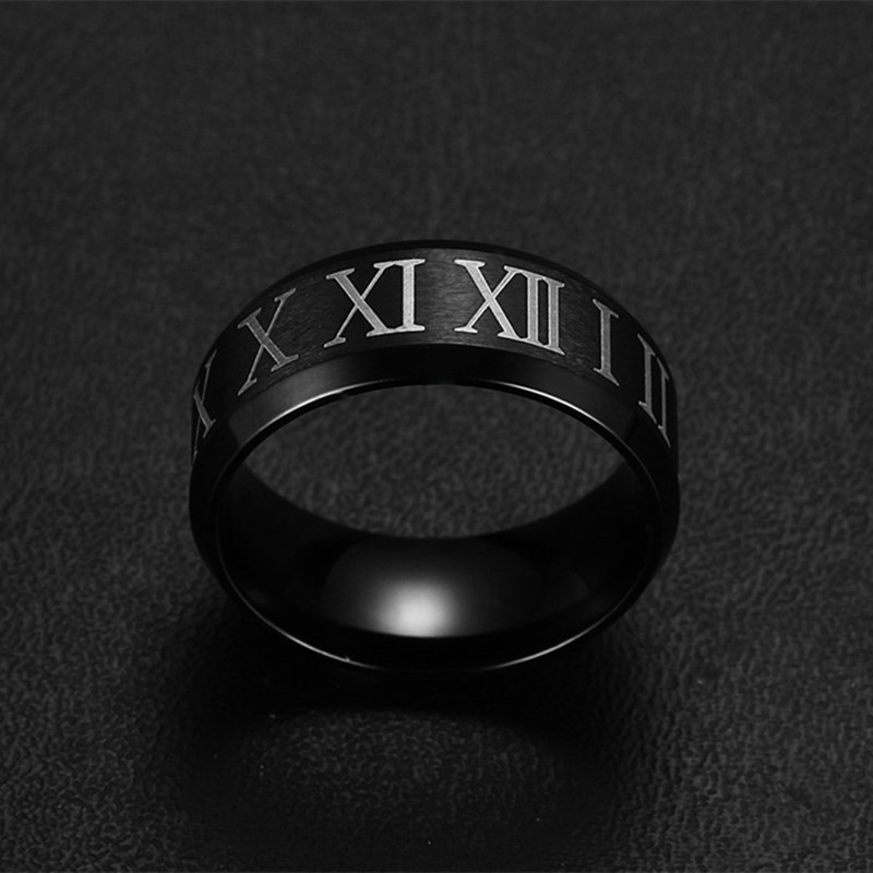 8mm Roman Numerals Titanium Steel Black Band Men Women's Wedding Ring ...