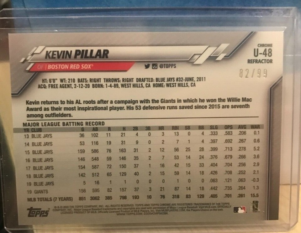Kevin Pillar 2020 Topps Chrome Update SP xFractor #/99 Boston Red Sox ...