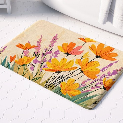 Botanical Bath Mat, Vibrant Orange and Purple Wildflowers, Botanical ...