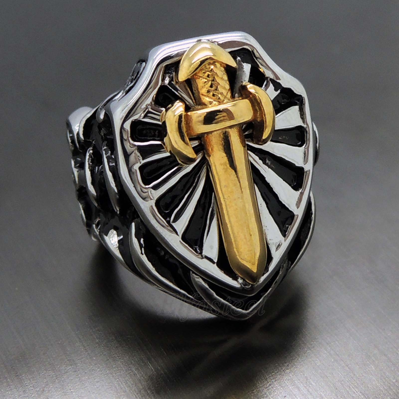Men Heavy Knight Gold Sword Stainless Steel Ring | eBay