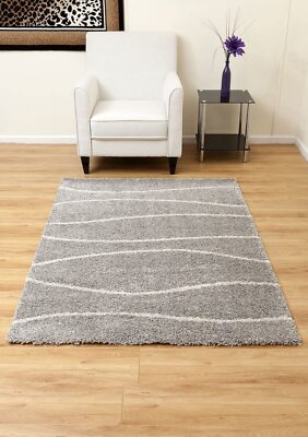 Waves-Modern Thick Rug with Wave Pattern-Light Grey with Cream Waves ...