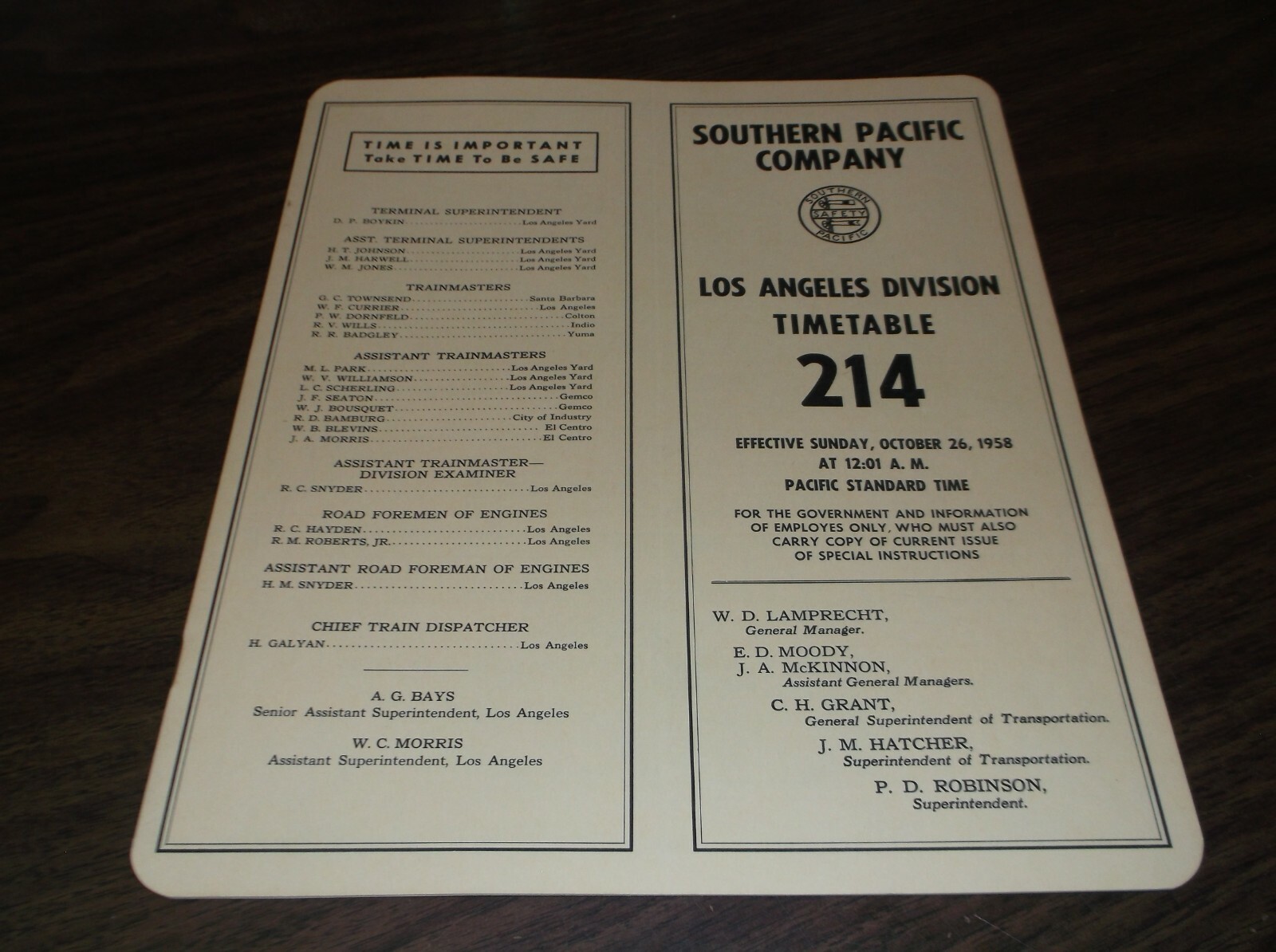 1958 SOUTHERN PACIFIC LOS ANGELES DIVISION EMPLOYEE TIMETABLE #214 | eBay