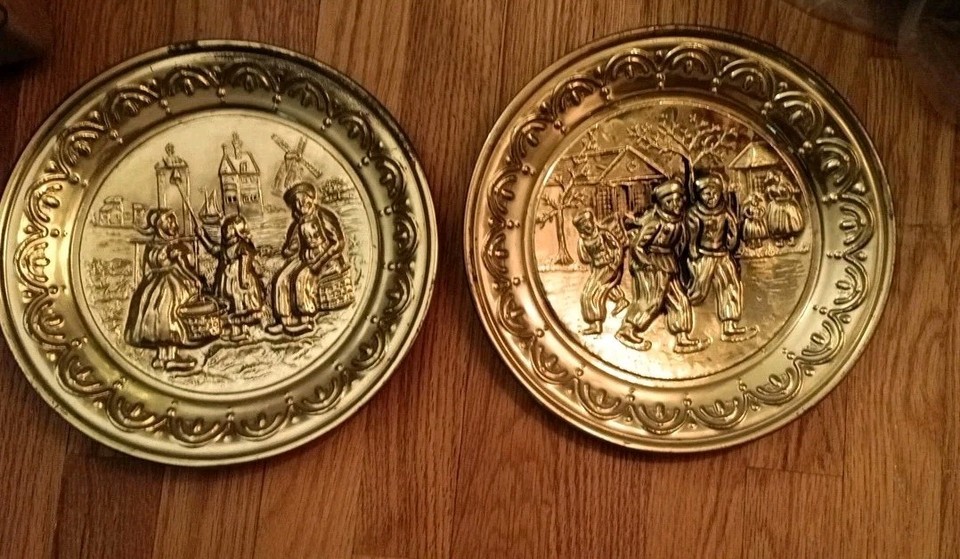 Vtg~2~Antique~8" Embossed~Brass~ Dutch Wall Plates/Plaques~Elpec ...