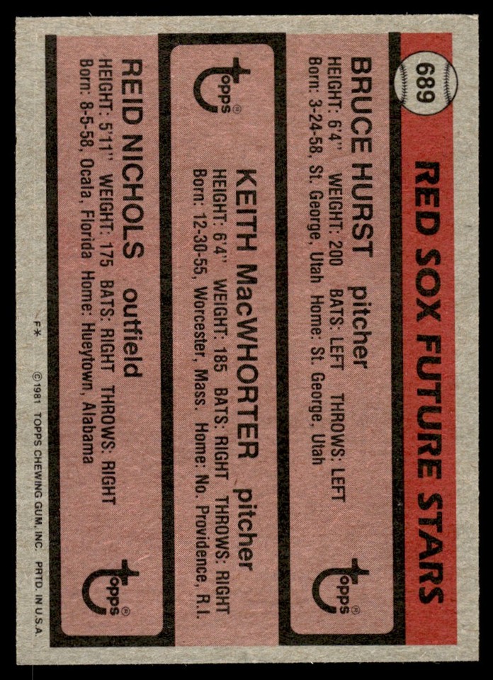1981 Topps Red Sox Future Stars - Bruce Hurst/Keith MacWhorter/Reid ...