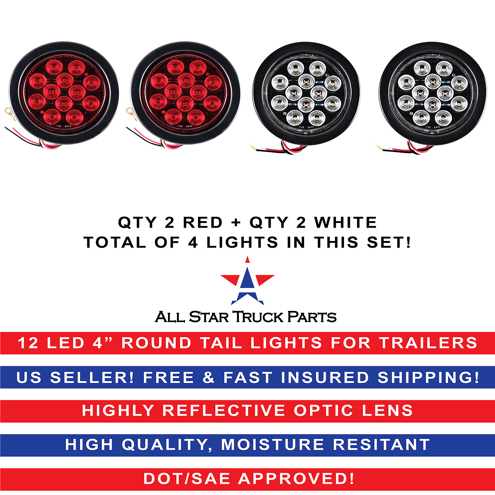 4" Inch 12 LED Round Stop/Backup/Reverse Truck Tail Light Kit - 2 Red ...