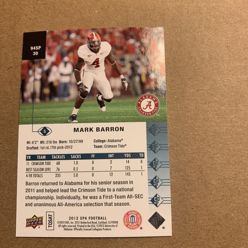 B98 2012 Sp Authentic 94sp #30 Mark Barron Alabama Crimson Tide | eBay