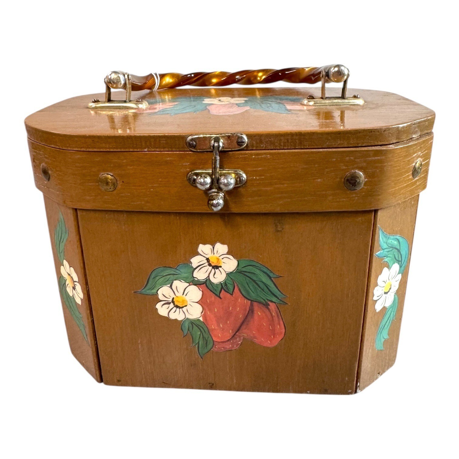 Vtg Hand-Painted Wooden Box Sewing Kit Strawberry & Floral Boho Lucite ...