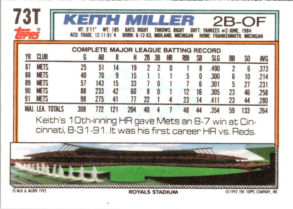 1992 Topps Traded Keith Miller #73T Kansas City Royals Baseball Card | eBay