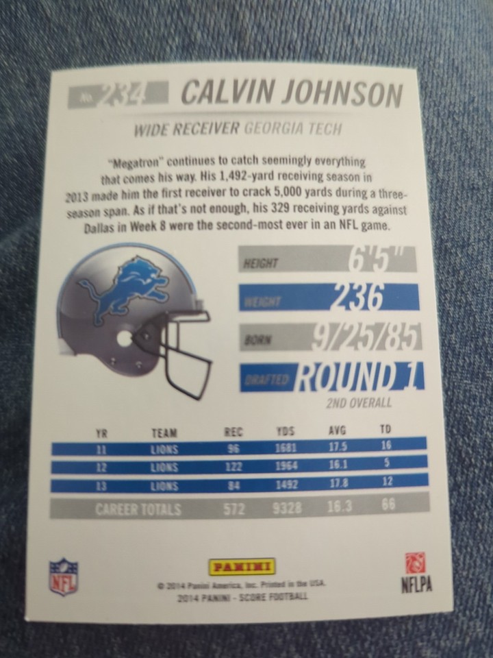 2014 Panini Score Football Calvin Johnson Hot 100 Card #234 Detroit ...