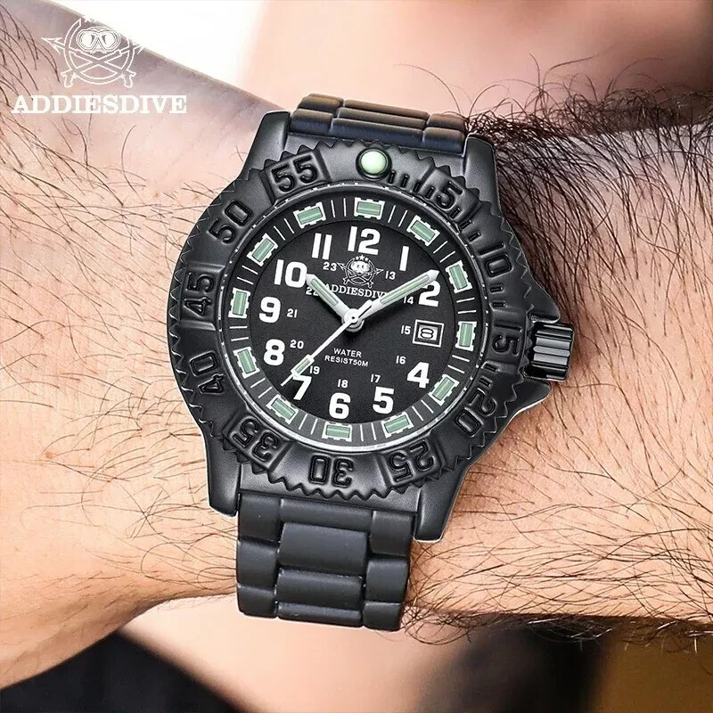 44MM ADDIESDIVE Military Quartz Dive Watch Men Steel 50M Waterproof ...
