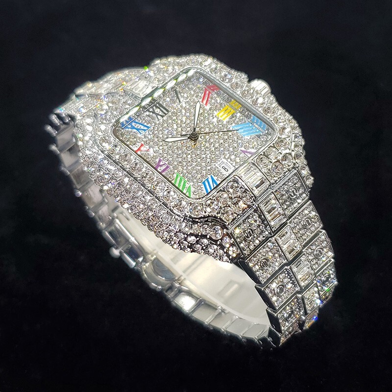 Hip Hop Luxury Ice out Men's Watch Iced Bling VVS Silver Square Diamond ...